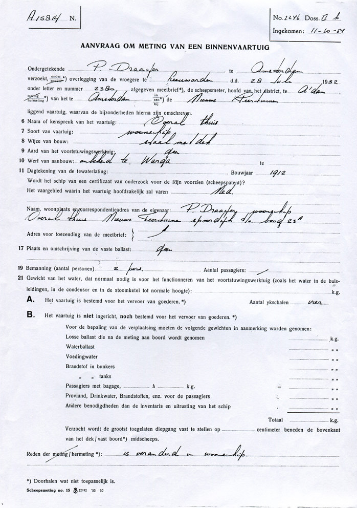 Meetbrief skûtsje "Twa Famkes" 1954 - A 15814 N | twafamkes.nl