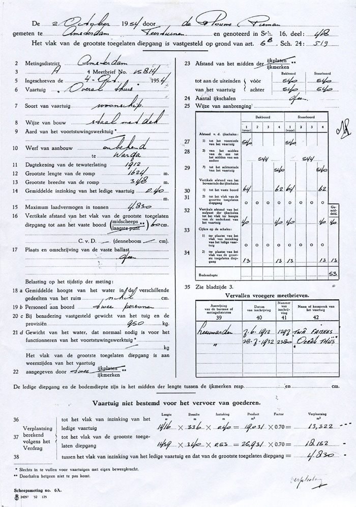 Meetbrief skûtsje "Twa Famkes" 1954 - A 15814 N | twafamkes.nl